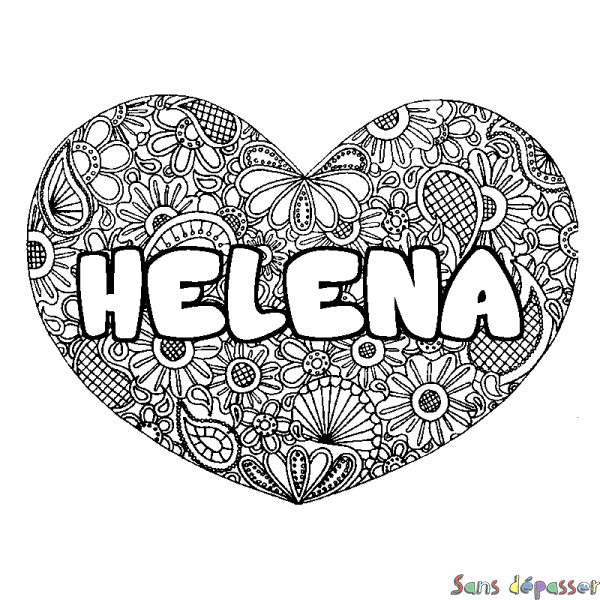 Coloriage prénom HELENA - décor Mandala coeur - Sans Dépasser
