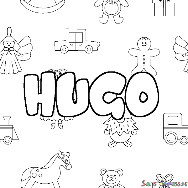 Coloriage prénom HUGO - décor Jouets - Sans Dépasser