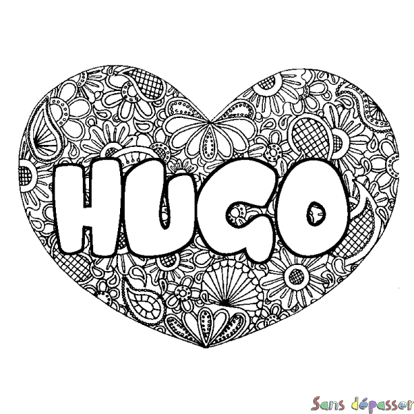 Coloriage prénom HUGO - décor Mandala coeur - Sans Dépasser