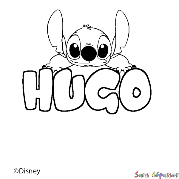 Coloriage prénom HUGO - décor Stitch - Sans Dépasser