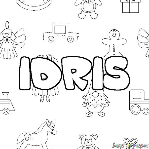Coloriage prénom IDRIS - décor Jouets - Sans Dépasser