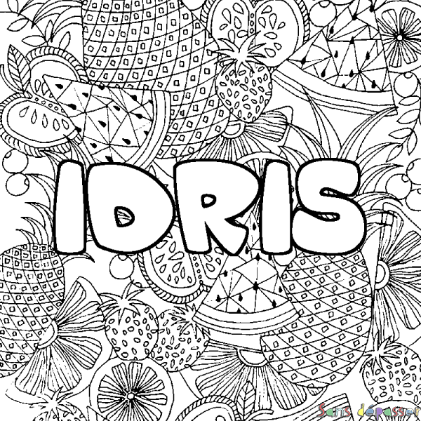 Coloriage prénom IDRIS - décor Mandala fruits - Sans Dépasser