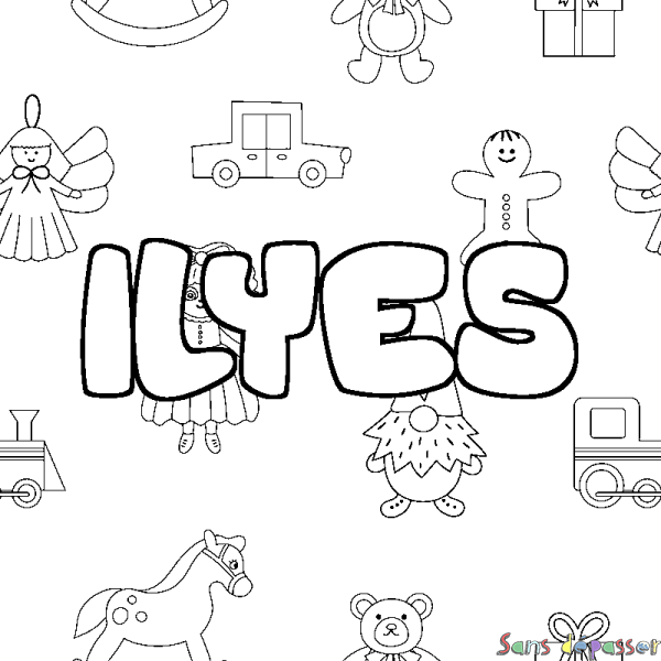 Coloriage prénom ILYES - décor Jouets - Sans Dépasser
