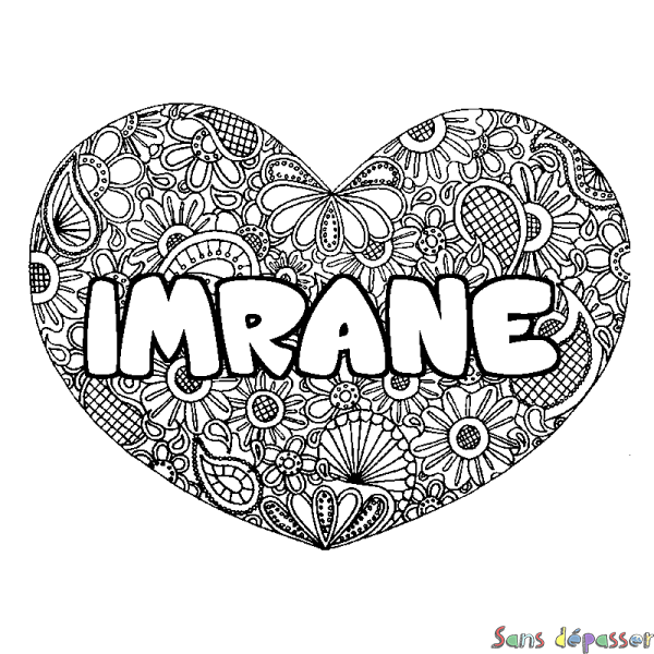 Coloriage prénom IMRANE - décor Mandala coeur - Sans Dépasser