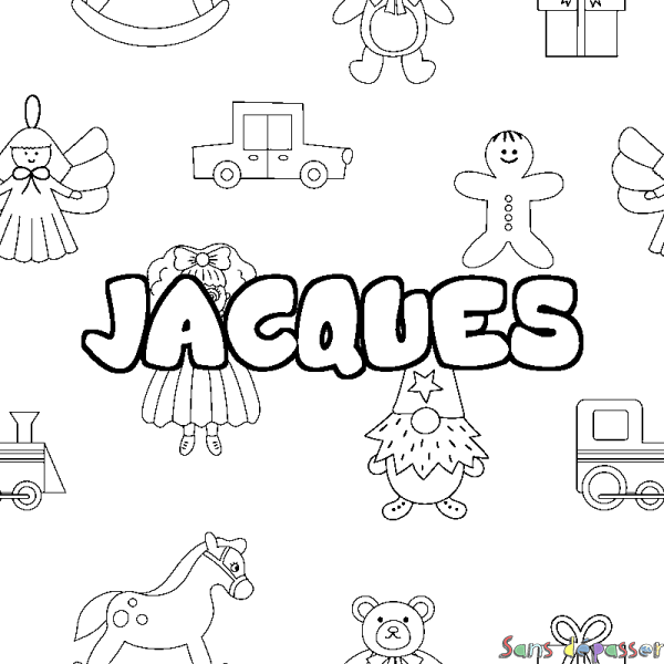 Coloriage prénom JACQUES - décor Jouets - Sans Dépasser