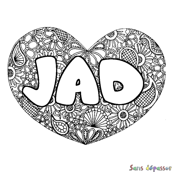 Coloriage prénom JAD - décor Mandala coeur - Sans Dépasser
