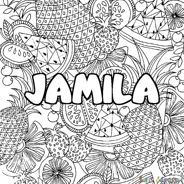 Coloriage prénom JAMILA - décor Mandala fruits - Sans Dépasser