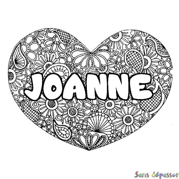 Coloriage prénom JOANNE - décor Mandala coeur - Sans Dépasser