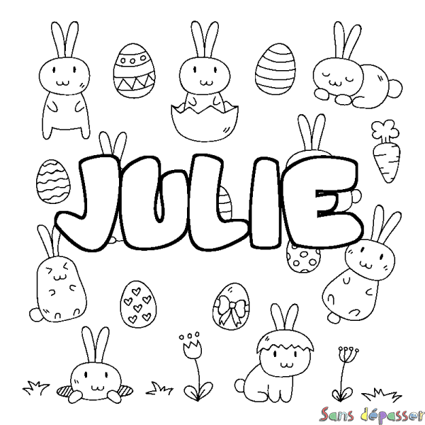 Coloriage prénom JULIE - décor Paques - Sans Dépasser