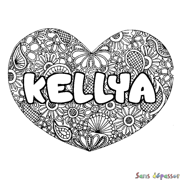 Coloriage prénom KELLYA - décor Mandala coeur - Sans Dépasser