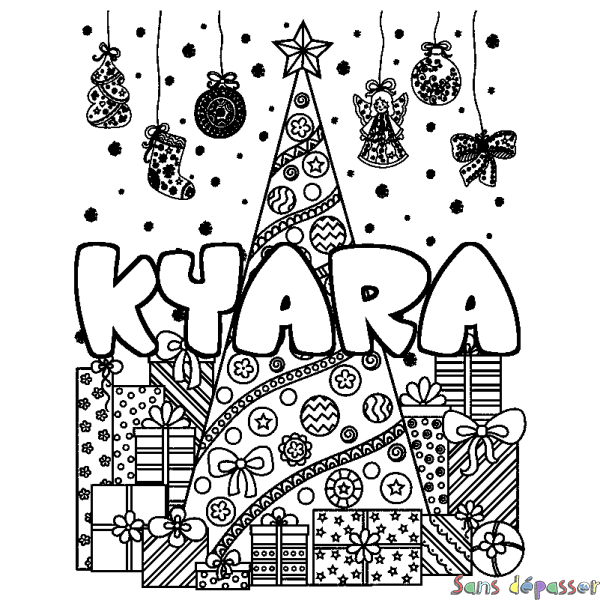 Coloriage prénom KYARA - décor Sapin et Cadeaux - Sans Dépasser
