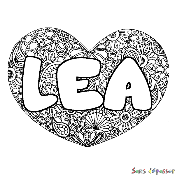 Coloriage prénom LEA - décor Mandala coeur - Sans Dépasser