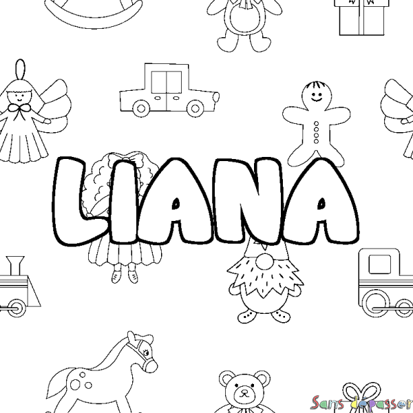 Coloriage prénom LIANA - décor Jouets - Sans Dépasser