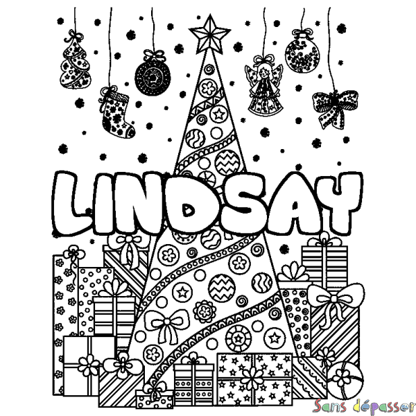 Coloriage prénom LINDSAY - décor Sapin et Cadeaux - Sans Dépasser