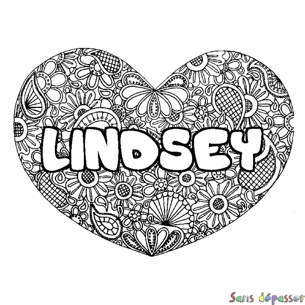 Coloriage prénom LINDSEY - décor Mandala coeur - Sans Dépasser