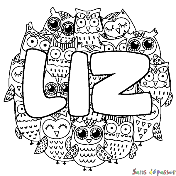 Coloriage prénom LIZ - décor Chouettes - Sans Dépasser