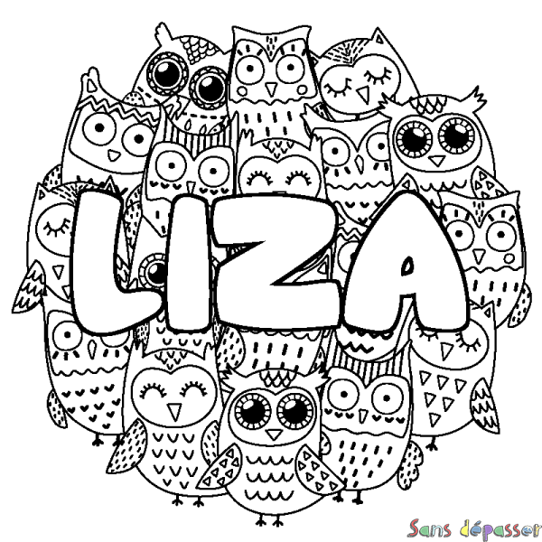 Coloriage prénom LIZA - décor Chouettes - Sans Dépasser