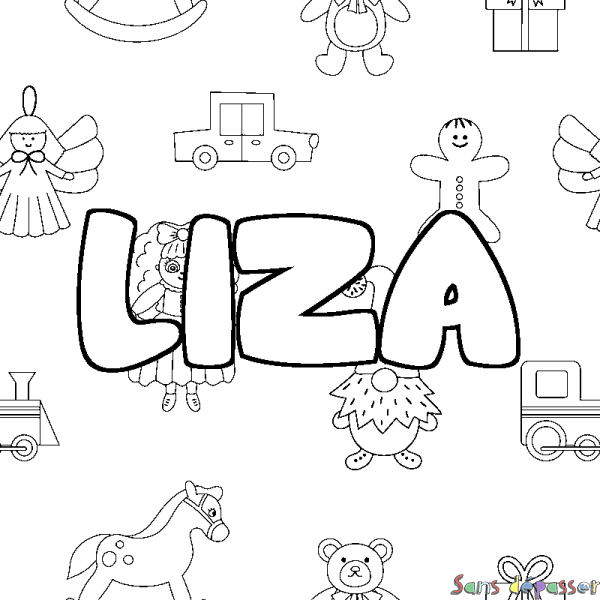 Coloriage prénom LIZA - décor Jouets - Sans Dépasser