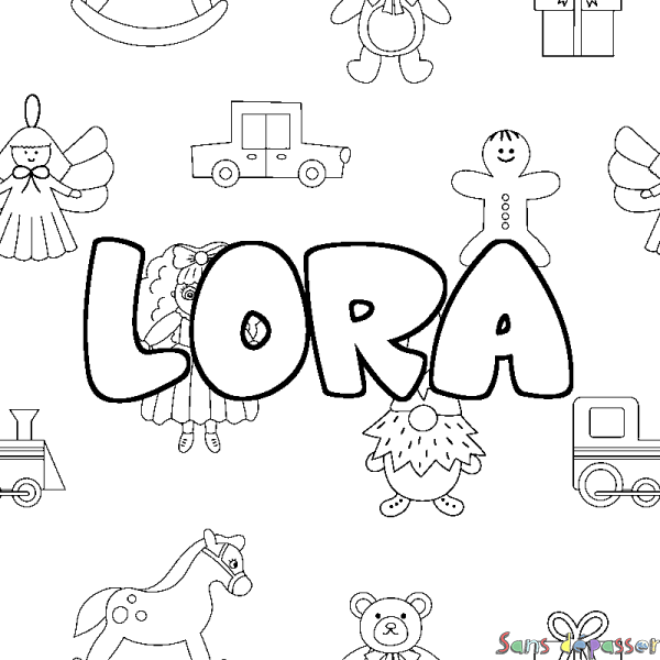 Coloriage prénom LORA - décor Jouets - Sans Dépasser