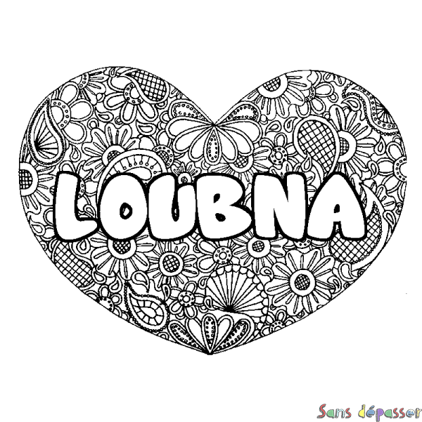 Coloriage prénom LOUBNA - décor Mandala coeur - Sans Dépasser