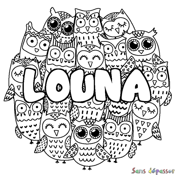 Coloriage prénom LOUNA - décor Chouettes - Sans Dépasser