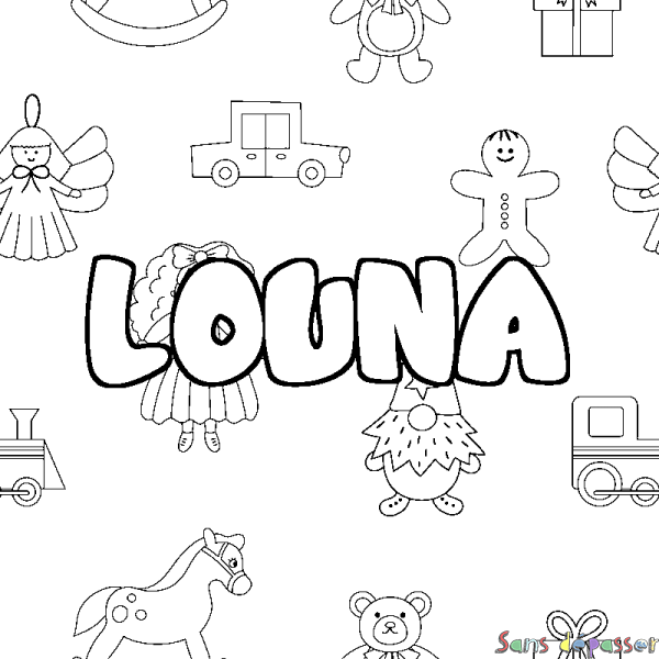 Coloriage prénom LOUNA - décor Jouets - Sans Dépasser