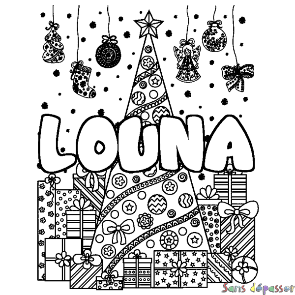 Coloriage prénom LOUNA - décor Sapin et Cadeaux - Sans Dépasser