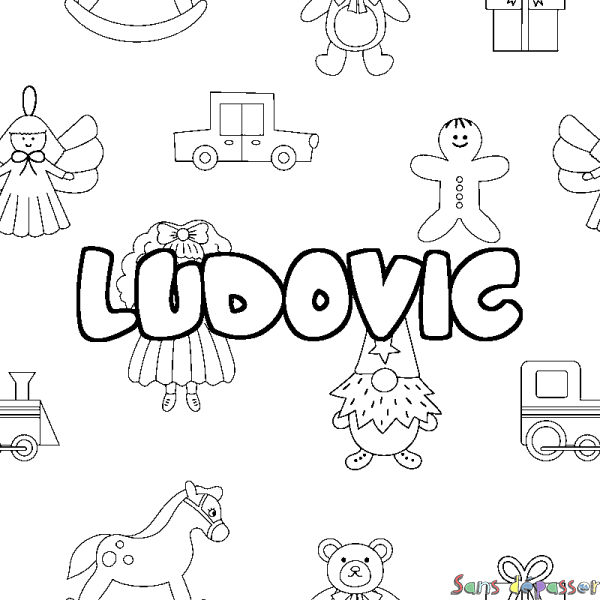 Coloriage prénom LUDOVIC - décor Jouets - Sans Dépasser