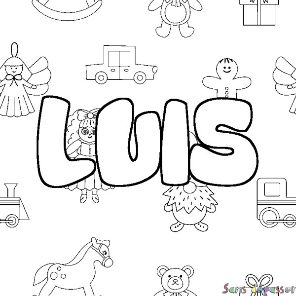 Coloriage prénom LUIS - décor Jouets - Sans Dépasser
