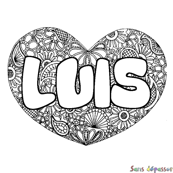 Coloriage prénom LUIS - décor Mandala coeur - Sans Dépasser