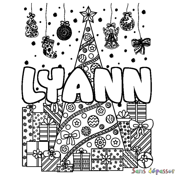 Coloriage prénom LYANN - décor Sapin et Cadeaux - Sans Dépasser