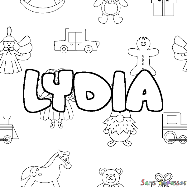 Coloriage prénom LYDIA - décor Jouets - Sans Dépasser