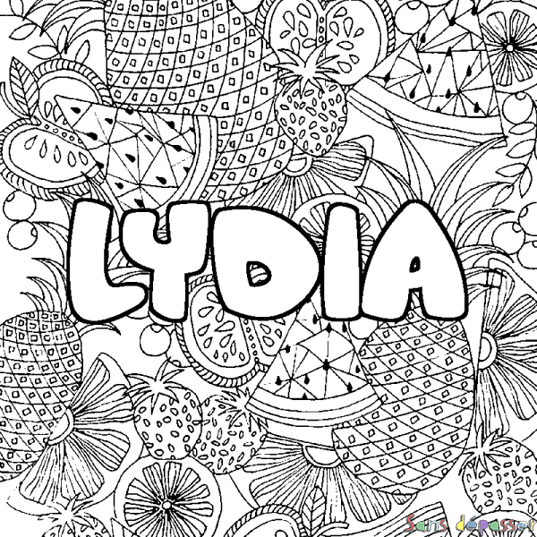 Coloriage prénom LYDIA - décor Mandala fruits - Sans Dépasser