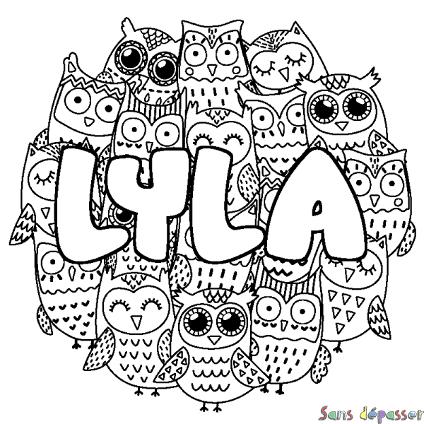 Coloriage prénom LYLA - décor Chouettes - Sans Dépasser