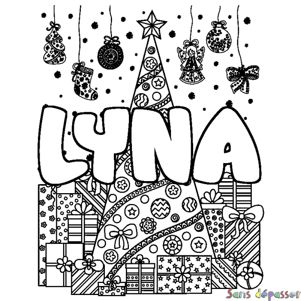 Coloriage prénom LYNA - décor Sapin et Cadeaux - Sans Dépasser