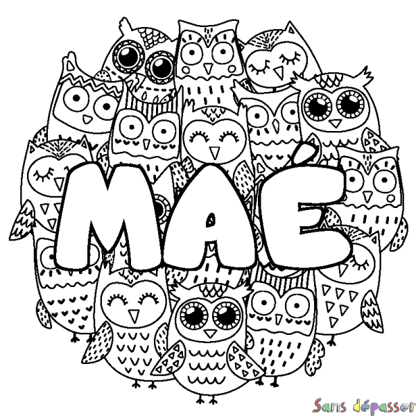 Coloriage prénom MAÉ - décor Chouettes - Sans Dépasser