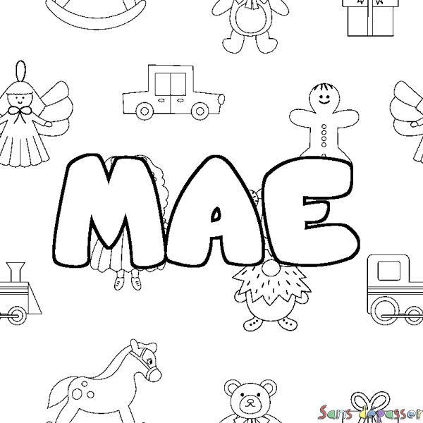 Coloriage prénom MAE - décor Jouets - Sans Dépasser