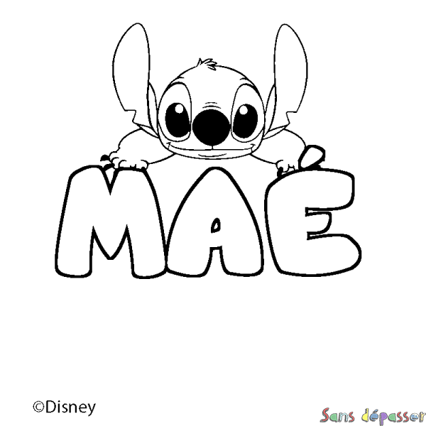 Coloriage prénom MAÉ - décor Stitch - Sans Dépasser