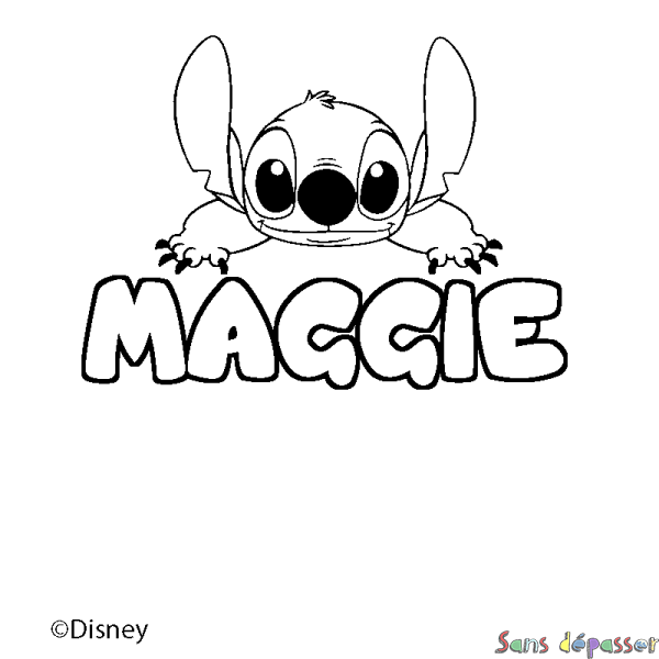 Coloriage prénom MAGGIE - décor Stitch - Sans Dépasser