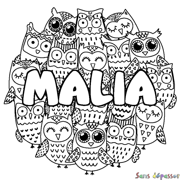 Coloriage prénom MALIA - décor Chouettes - Sans Dépasser