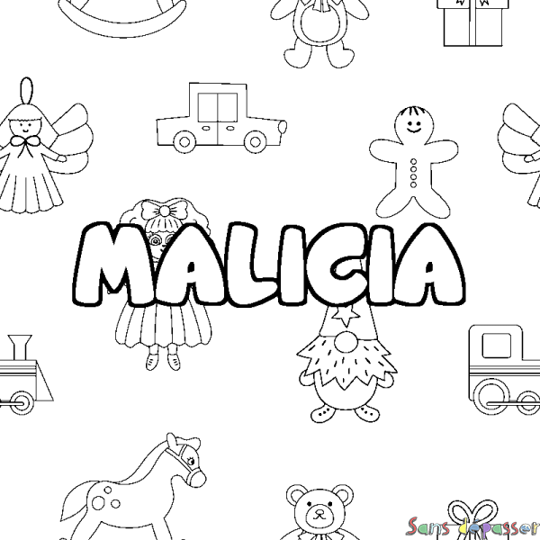 Coloriage prénom MALICIA - décor Jouets - Sans Dépasser