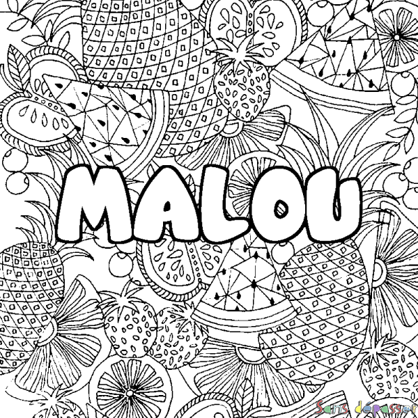 Coloriage prénom MALOU - décor Mandala fruits - Sans Dépasser