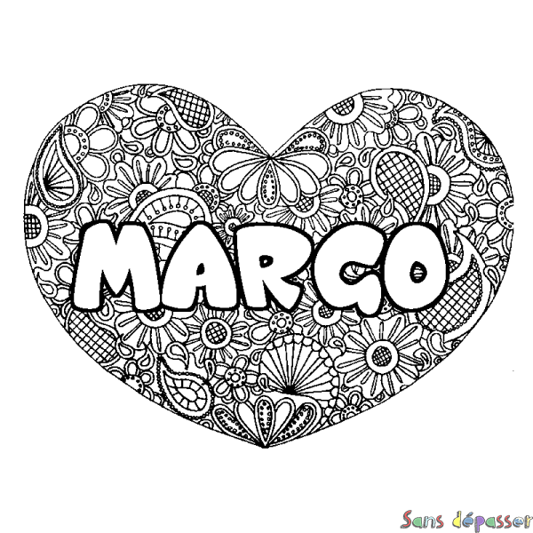 Coloriage prénom MARGO - décor Mandala coeur - Sans Dépasser