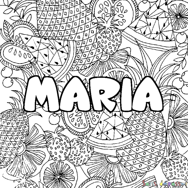 Coloriage prénom MARIA - décor Mandala fruits - Sans Dépasser
