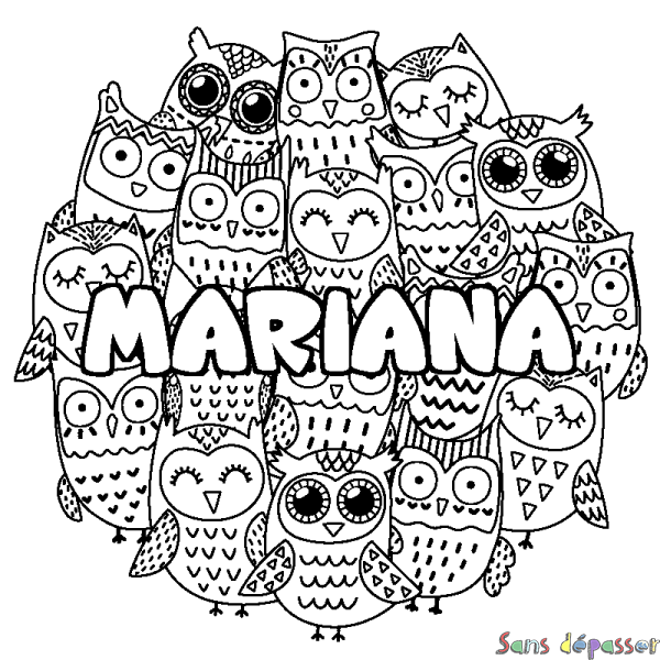 Coloriage prénom MARIANA - décor Chouettes - Sans Dépasser