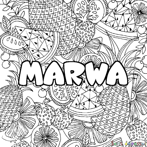 Coloriage prénom MARWA - décor Mandala fruits - Sans Dépasser