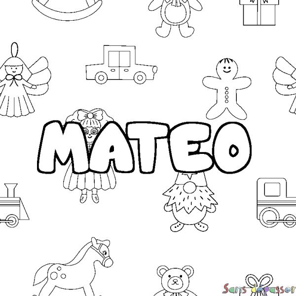 Coloriage prénom MATEO - décor Jouets - Sans Dépasser