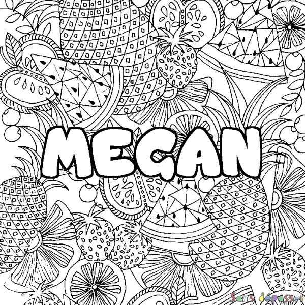 Coloriage prénom MEGAN - décor Mandala fruits - Sans Dépasser