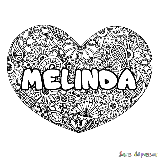 Coloriage prénom MÉLINDA - décor Mandala coeur - Sans Dépasser