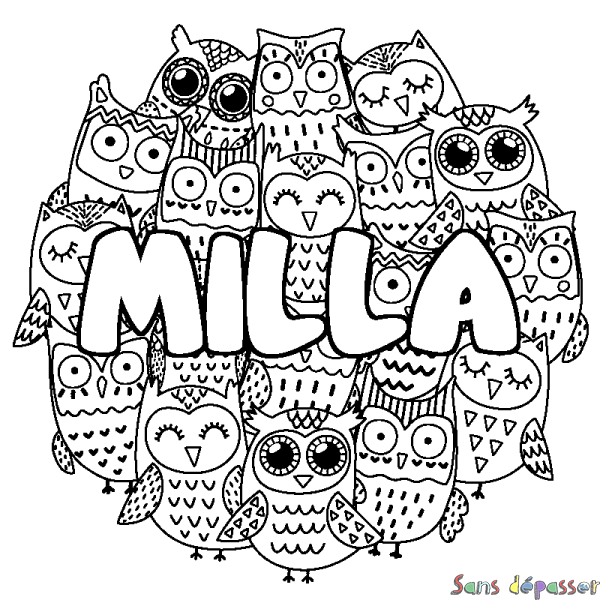 Coloriage prénom MILLA - décor Chouettes - Sans Dépasser